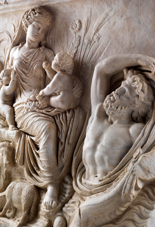 Relief nach dem Vorbild des Tellusreliefs von der Ara Pacis in Rom, dem ...